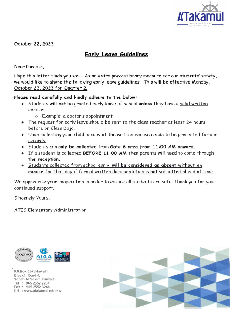 Early Leave Letter For Elementary | PDF