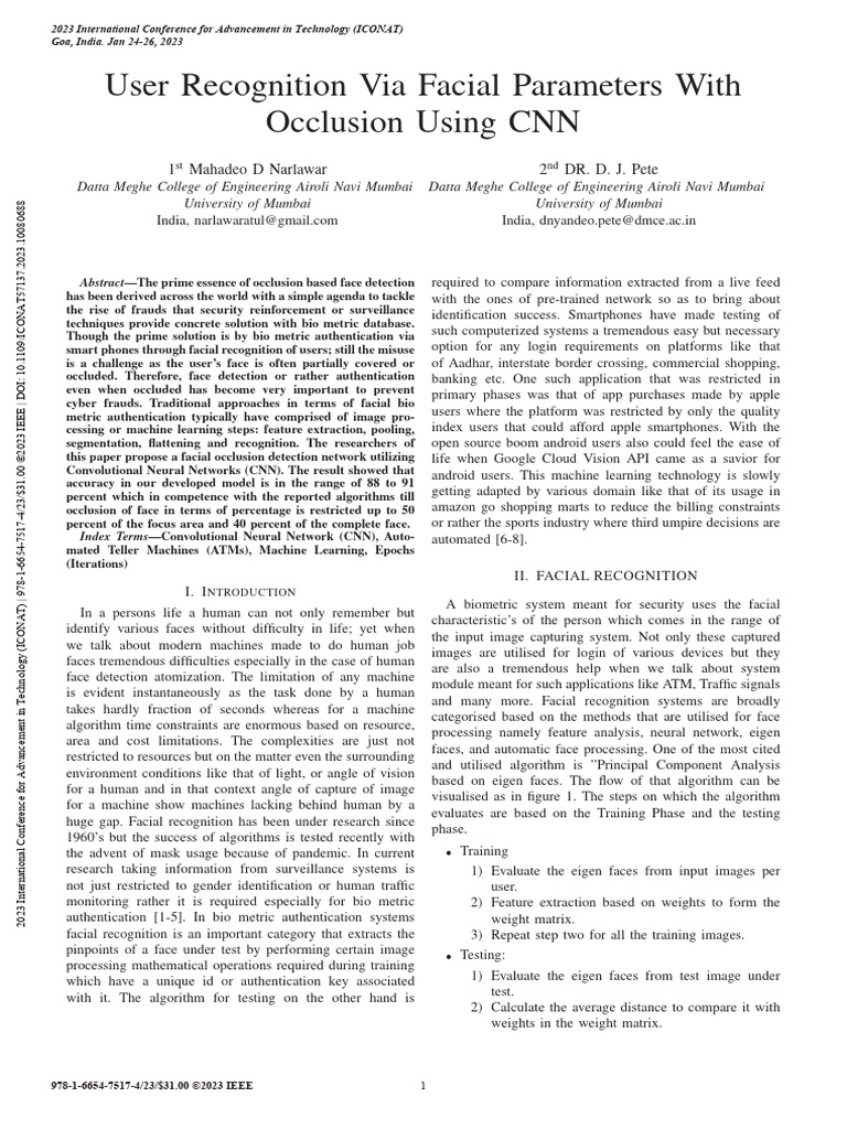 User Recognition Via Facial Parameters With Occlusion Using Cnn Pdf