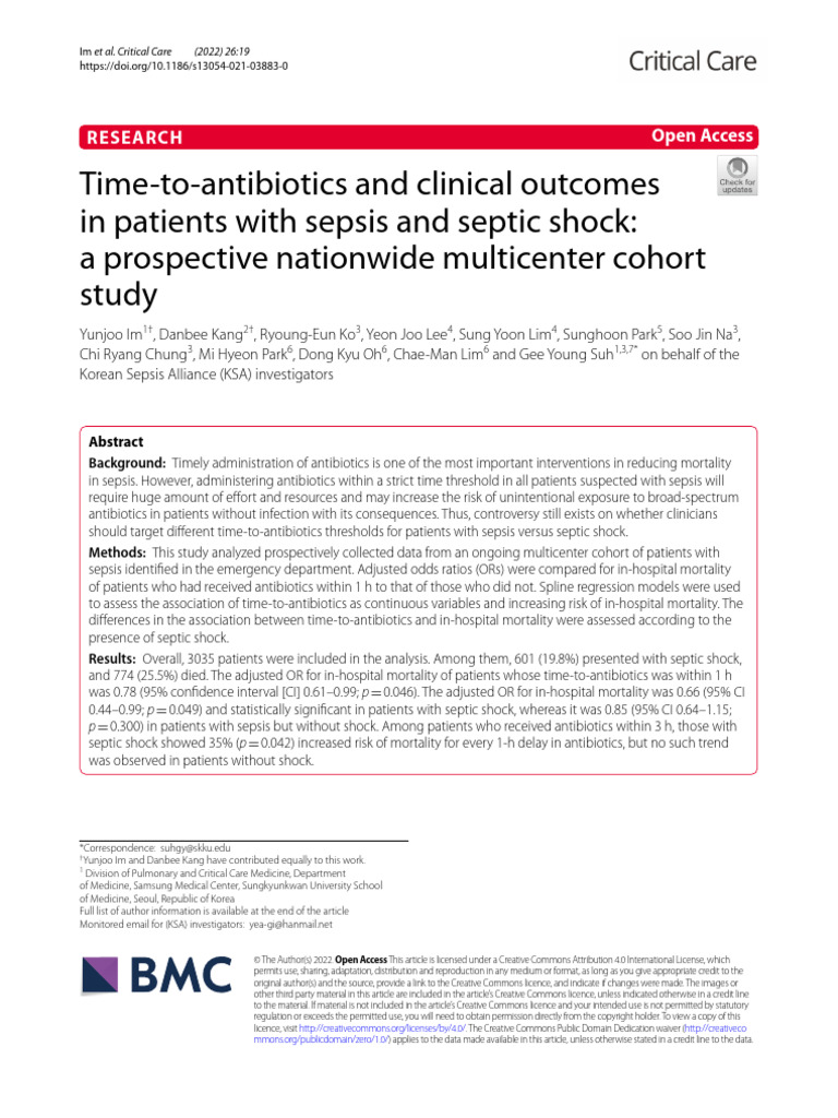 Time To Antibiotics And Clinical Outcomes In Patients With Sepsis And Septic Shock Pdf