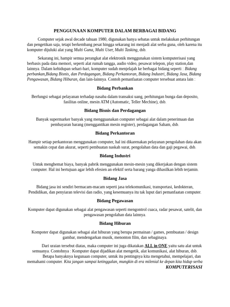 Penggunaan Komputer Dalam Berbagai Bidang | PDF