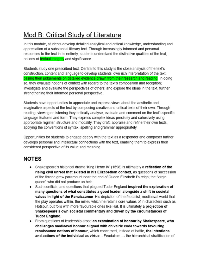 Mod B: Critical Study of Literature: Notes | PDF | Henry Iv, Part 1 ...