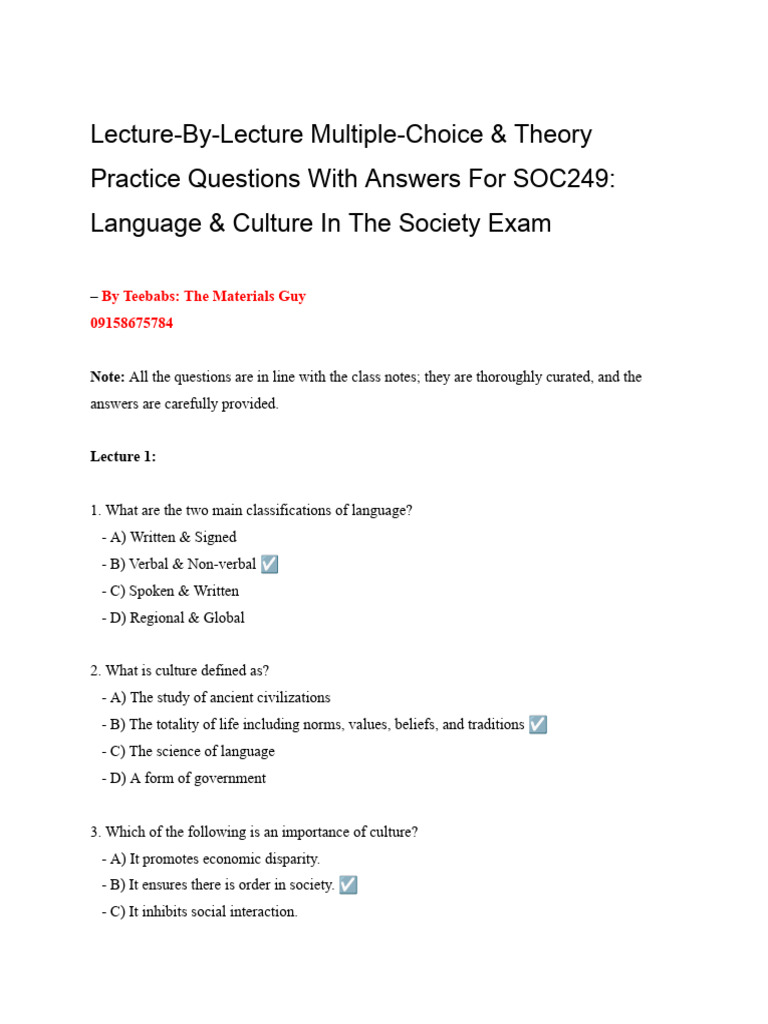 Lecture-By-Lecture Multiple-Choice & Theory Practice Questions With Answers For SOC249- Language ...