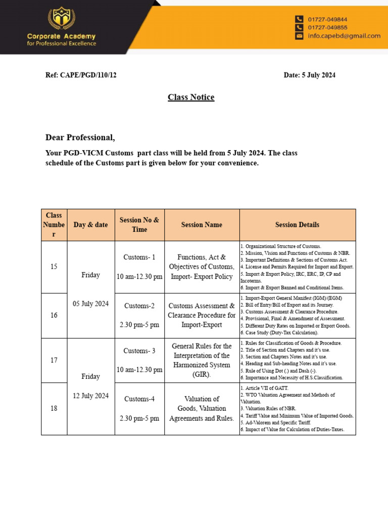 PGD Batch-110 Customs Schedule - CAPE | PDF | World Trade Organization ...