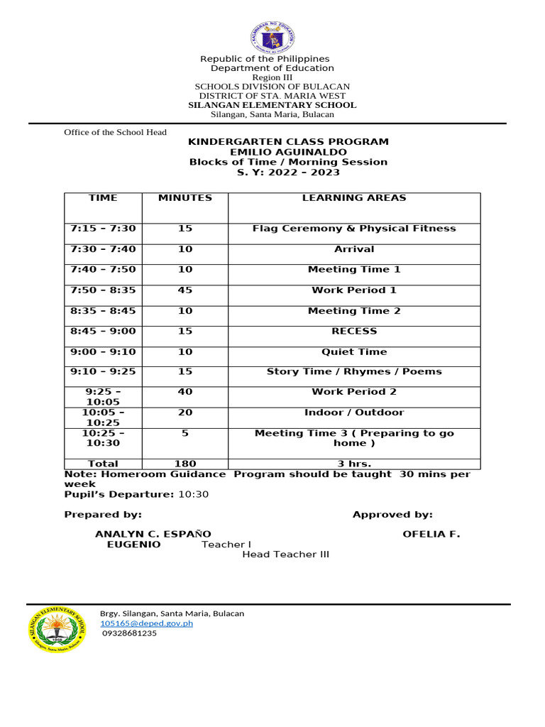 K Class Program Kindergarten Analyn C. Espano | PDF | Spanish East Indies | Philippines