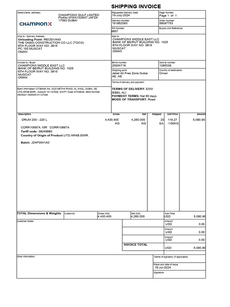 Shipping Invoice 151852093 | PDF