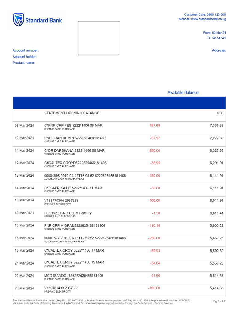 Standard Bank 2-Month Account Statement | PDF | Banks | Cheque