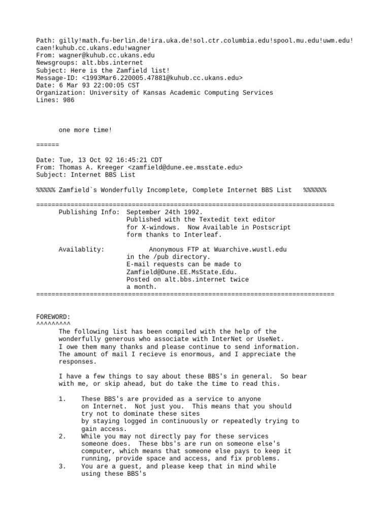 Zamfield's Wonderfully Incomplete, Complete Internet BBS List | PDF ...