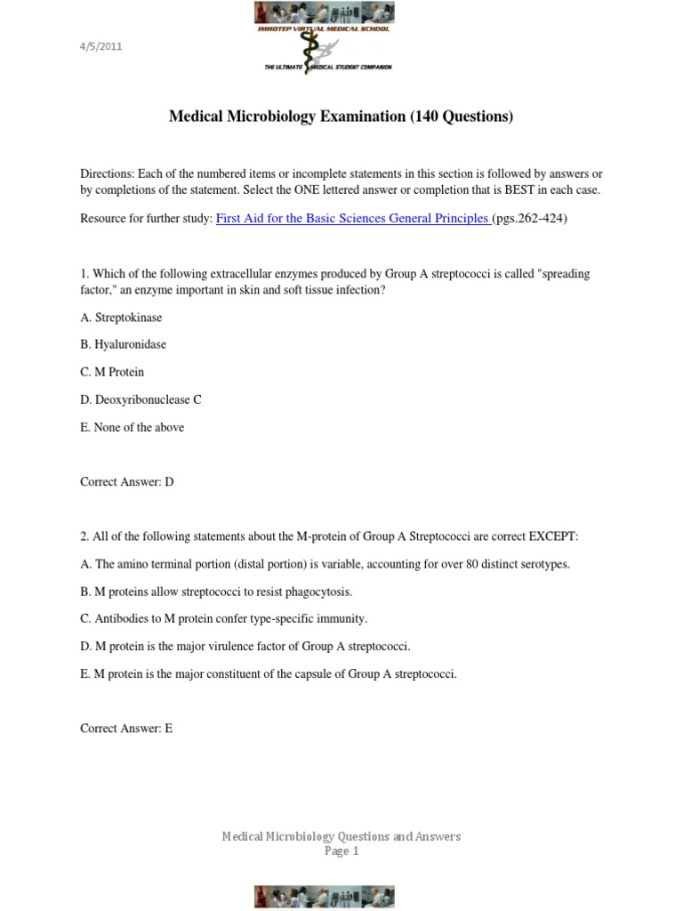 Medical Microbiology Examination (140 Questions) : First Aid For The ...