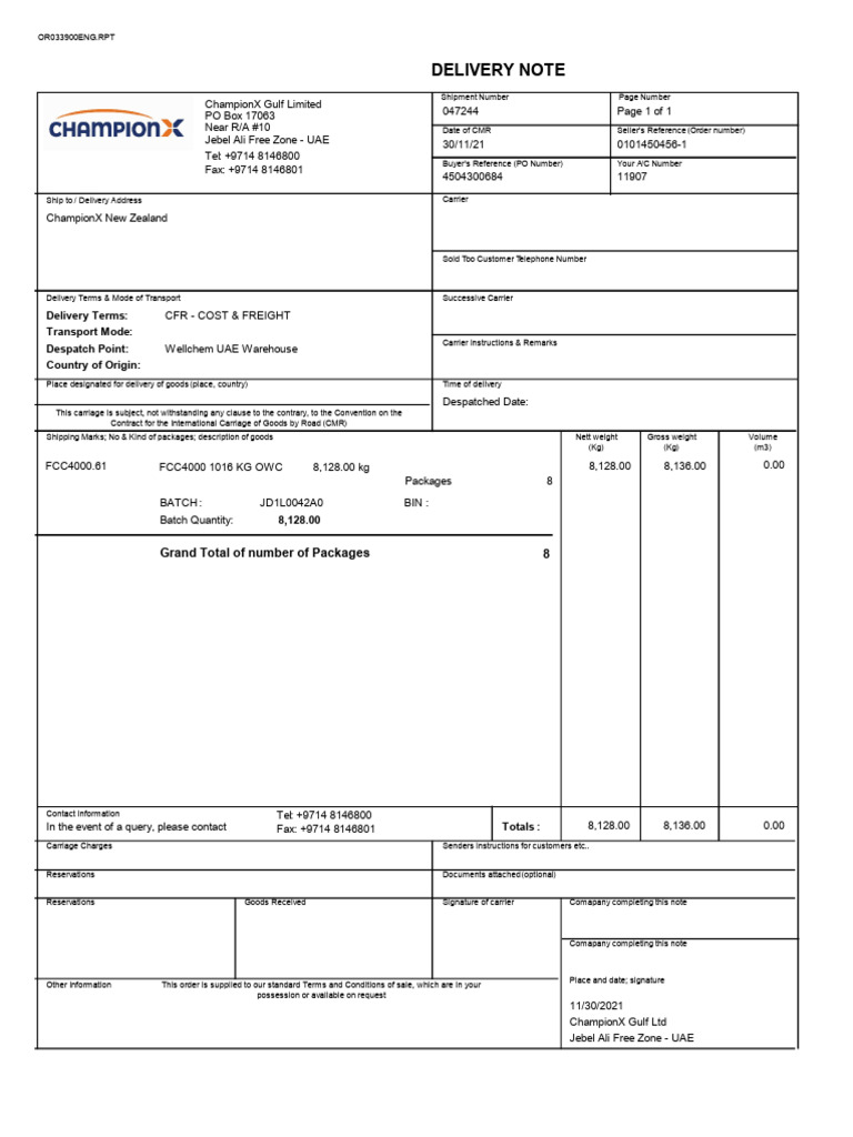 Delivery Note for ChampionX Shipment | PDF | Cargo | Freight Transport
