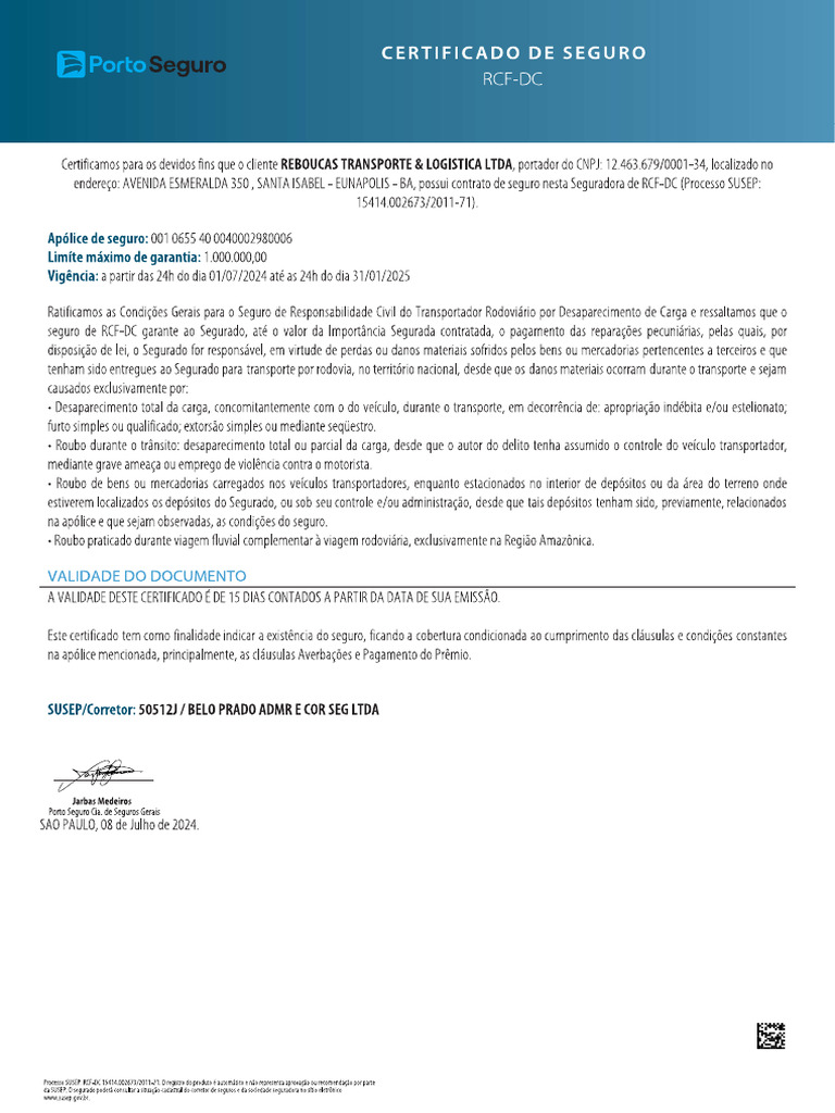 Certificado Porto Aumento Lmi Transporte RCF-DC - 10072024 | PDF