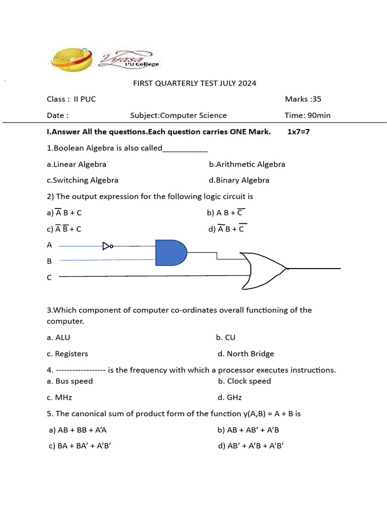 I.Answer All The Questions - Each Question Carries ONE Mark. 1x7 7 ...