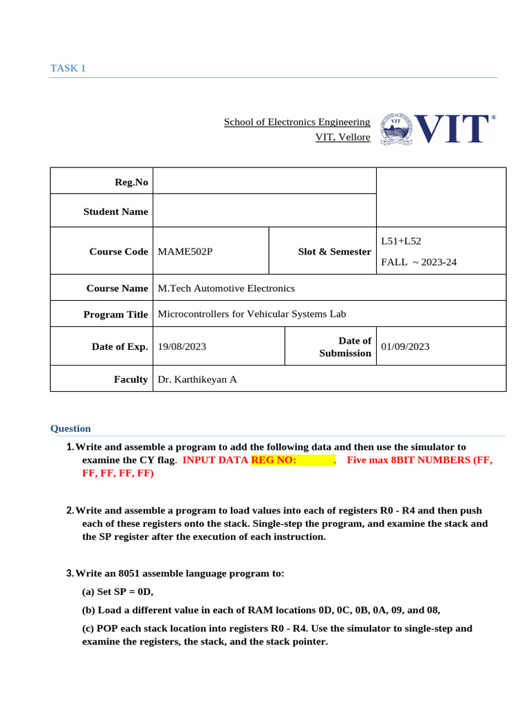 Task 1: School of Electronics Engineering Vit, Vellore | PDF | Integrated Circuit | Computer ...