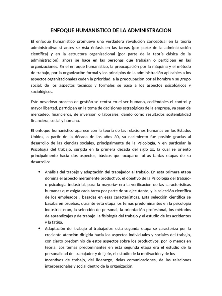 Enfoque Humanistico de La Administracion | PDF | Sicología | Psicología ...
