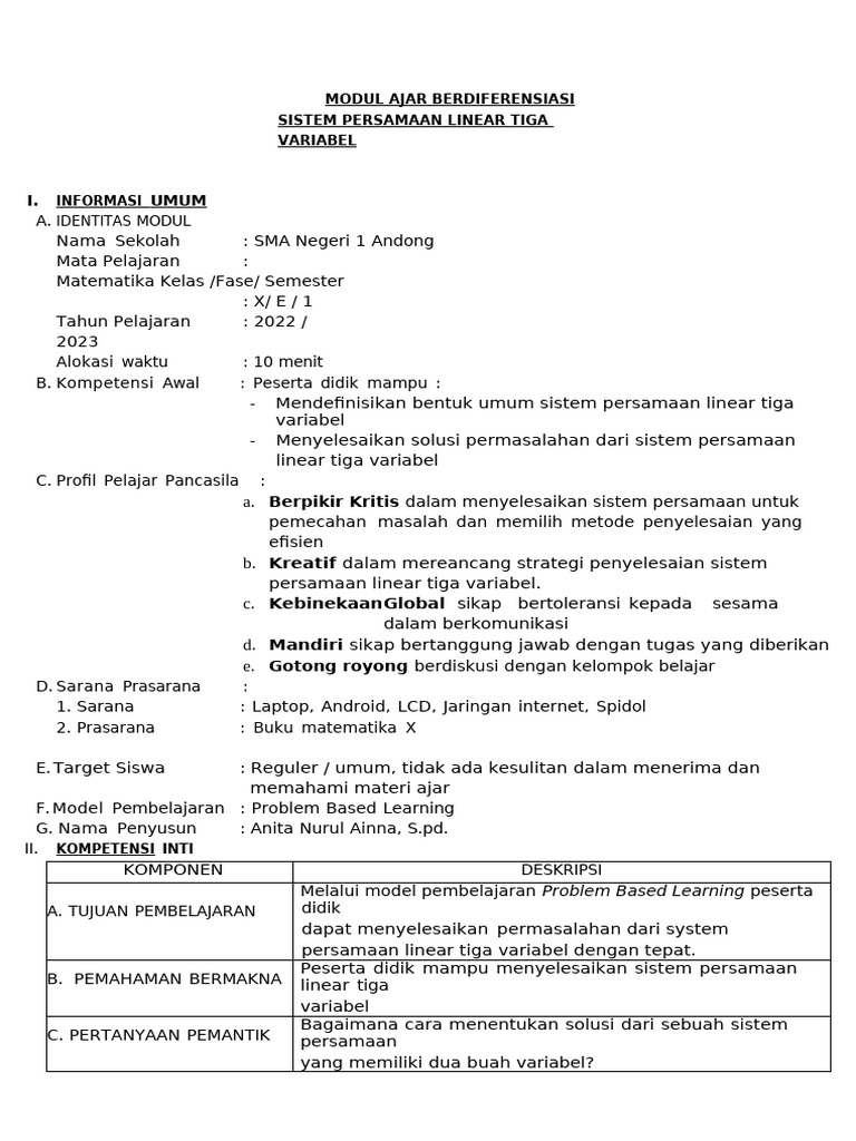 Modul Ajar SPLTV | PDF