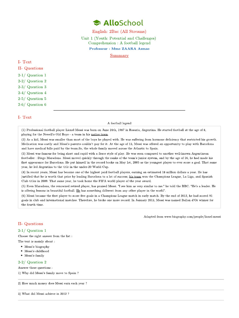 Comprehension 1 A Football Legend 2 | PDF