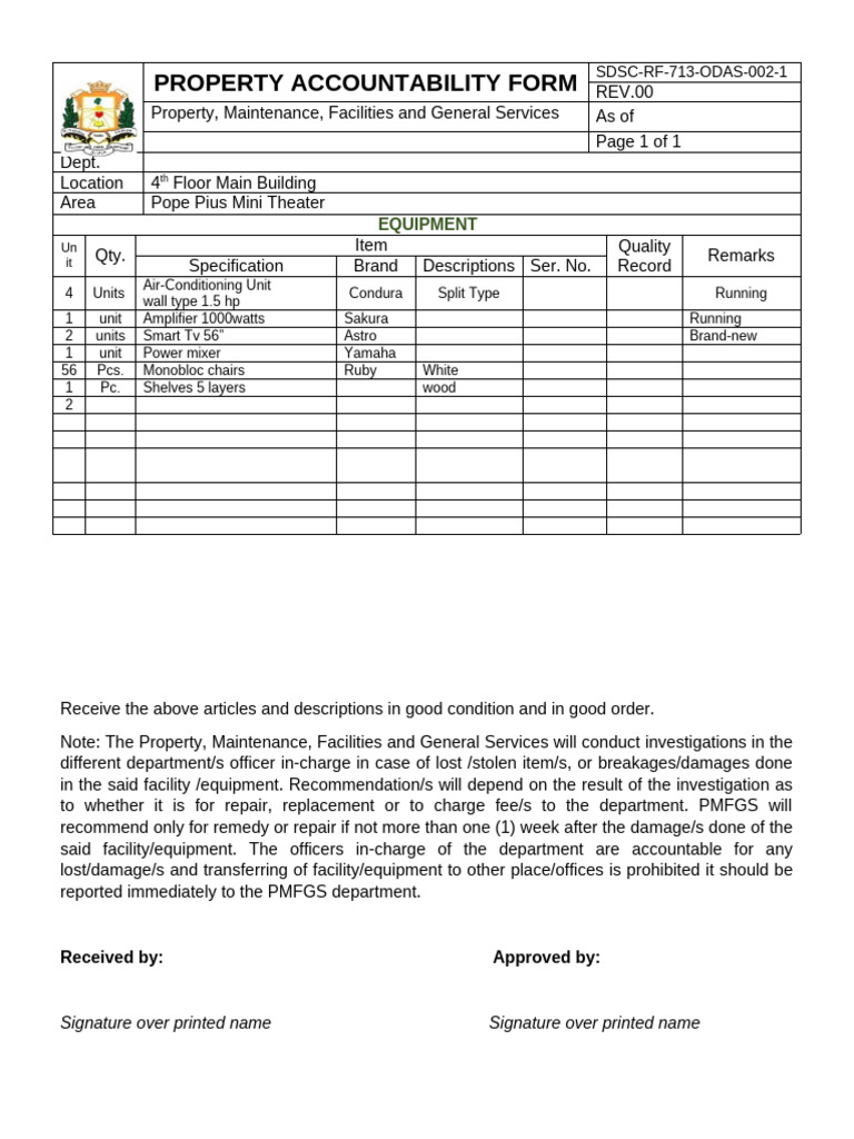 Property Accountability Form Template | PDF