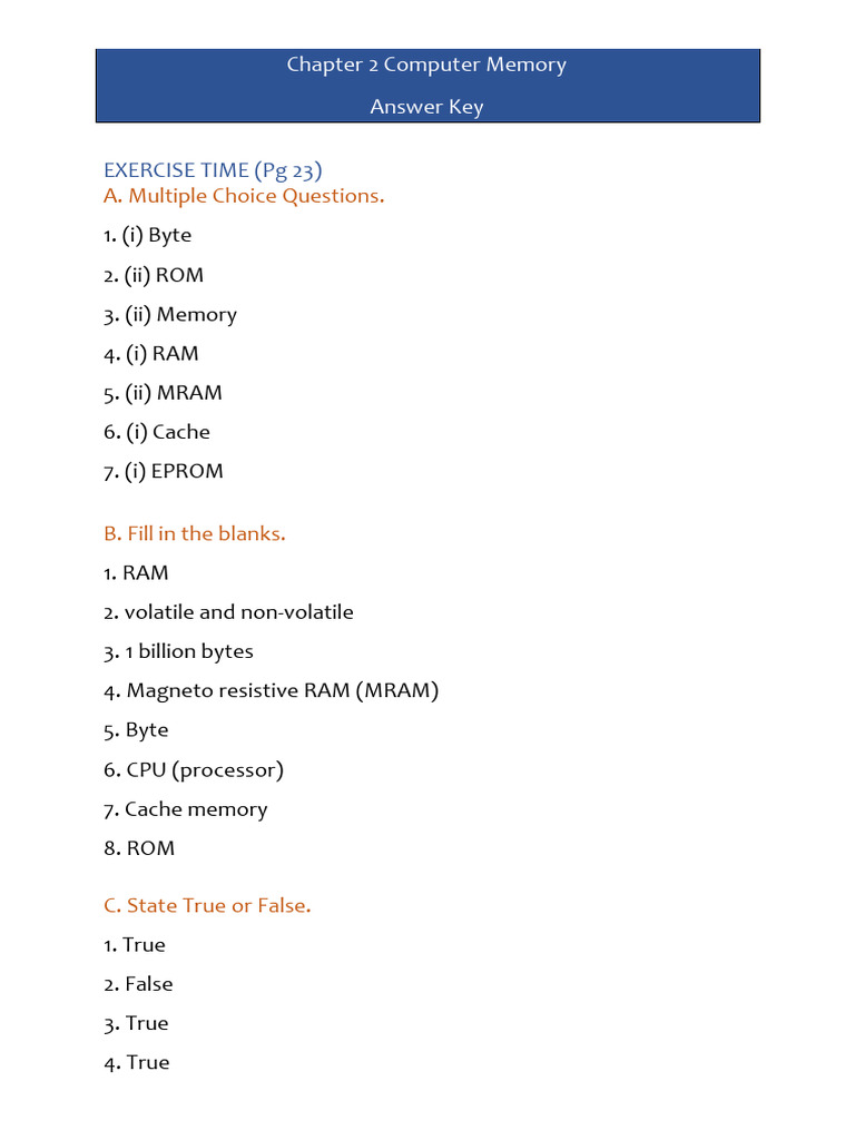Class 8 - Ch2 - Computer Memory - Answer Key (PDF - Io) | PDF | Read Only Memory | Random Access ...