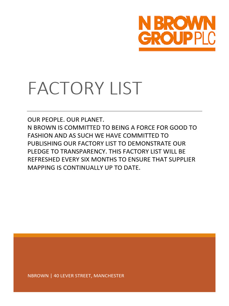 N Brown Factory List Overview | PDF | Consumer Goods | Human Body