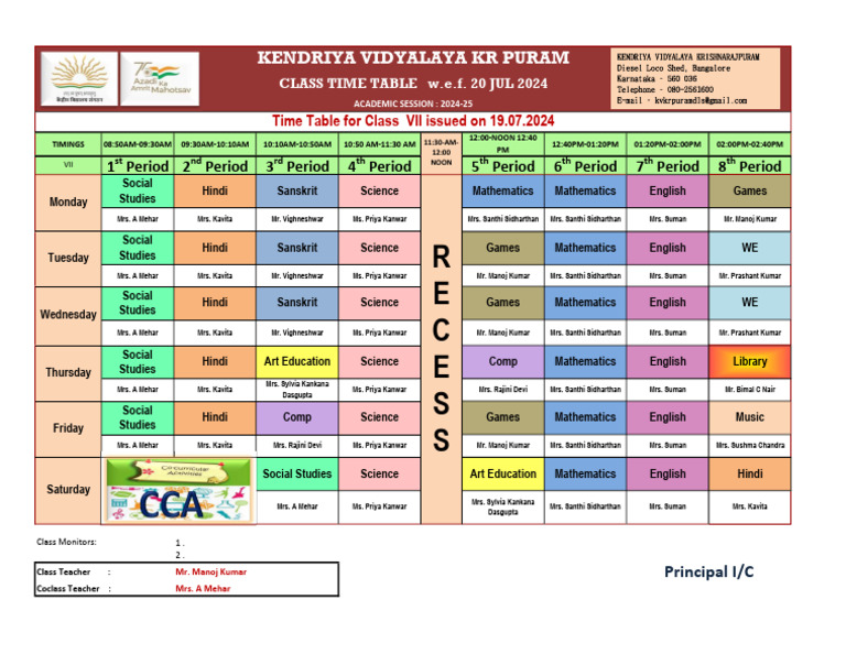 Class VII - Time Table W.ef 20.07.2024 KV KR Puram Issued On 19.07.2024 ...