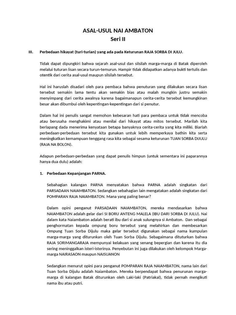 Asal Usul Nai Ambaton Part II | PDF