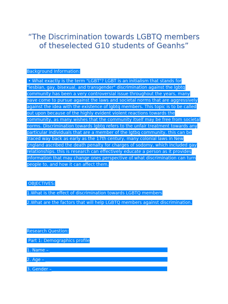 The Discrimination Towards LGBTQ Members of Theselected G10 Students ...