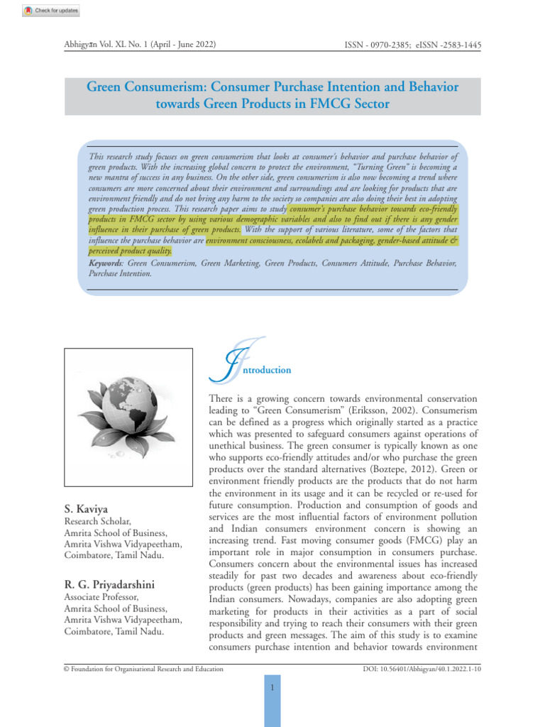 Green Consumerism: Consumer Purchase Intention and Behavior Towards Green Products in FMCG ...
