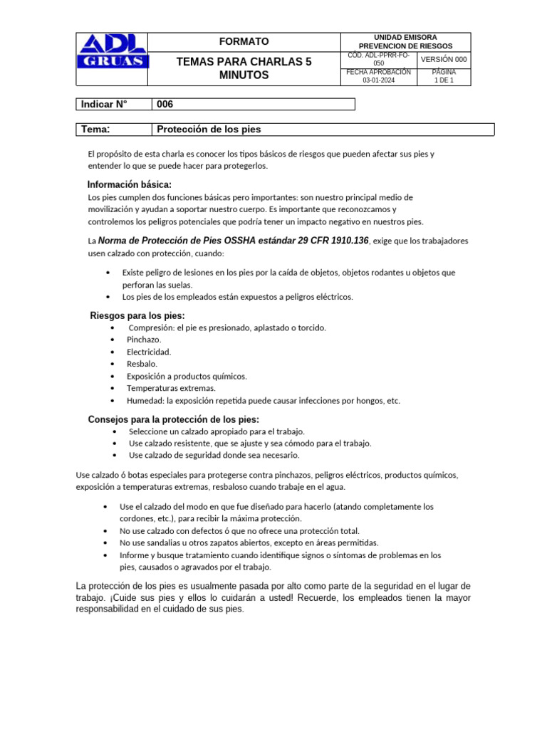 ADL-PPRR-FO-050 TEMAS PARA CHARLAS 5 MINUTOS v006 | PDF | Calzado