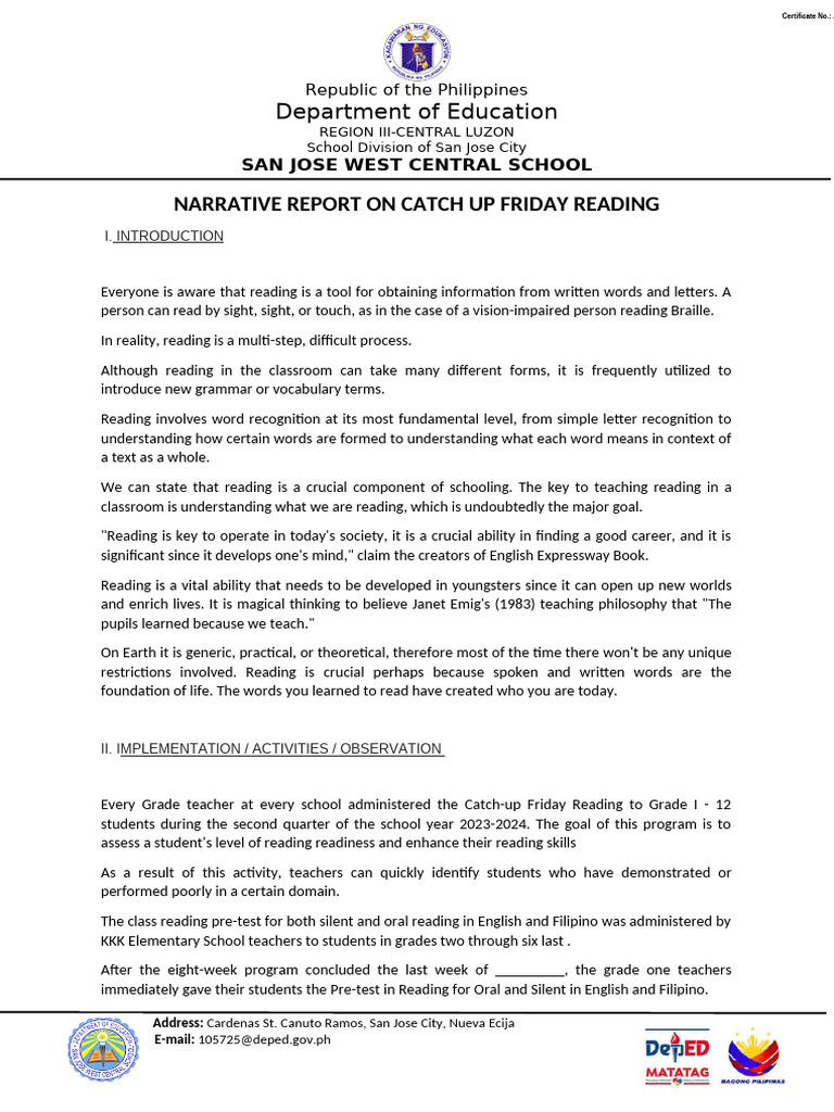 Narrative Report on Reading Program | PDF | Teachers | Cognition
