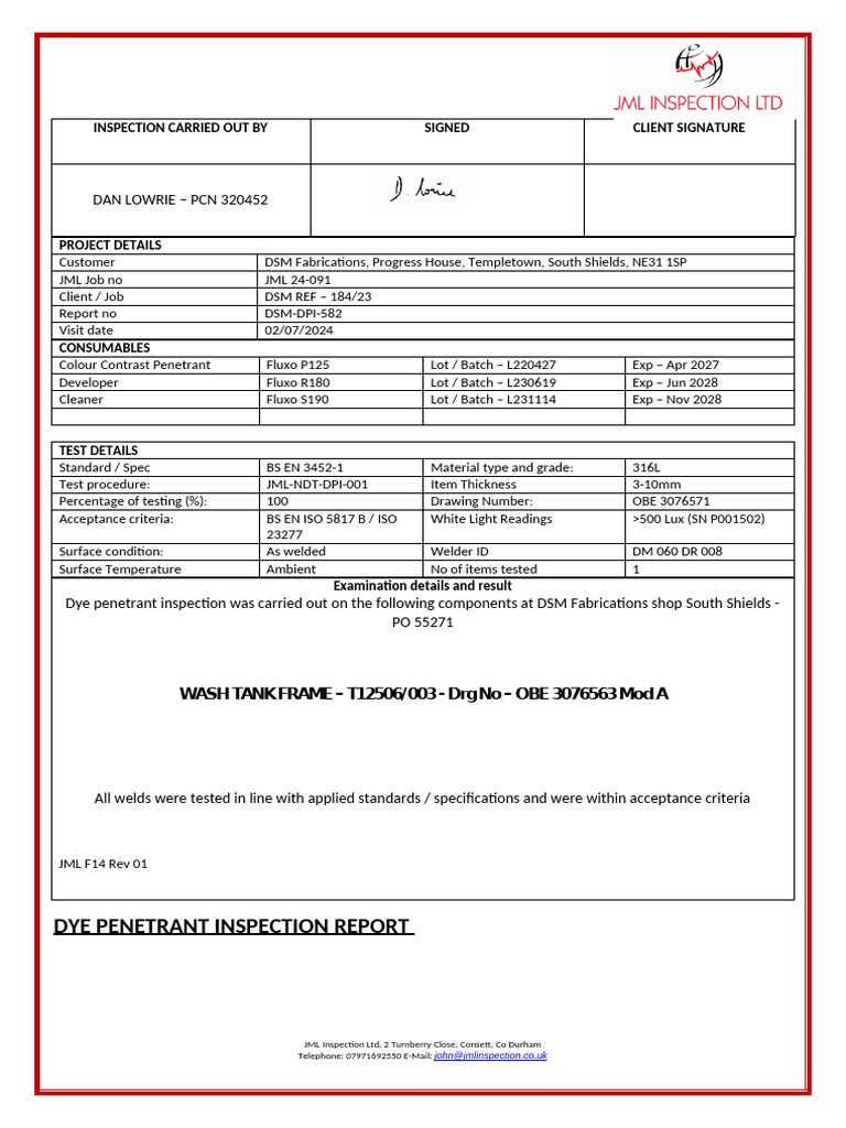 Dye Penetrant Inspection Report 2024 | PDF | Technology & Engineering
