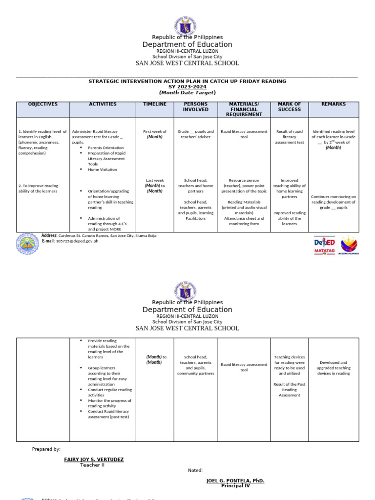 Strategic Intervention Plan in CATCH UP FRIDAY READING (GRADE 1) | PDF ...