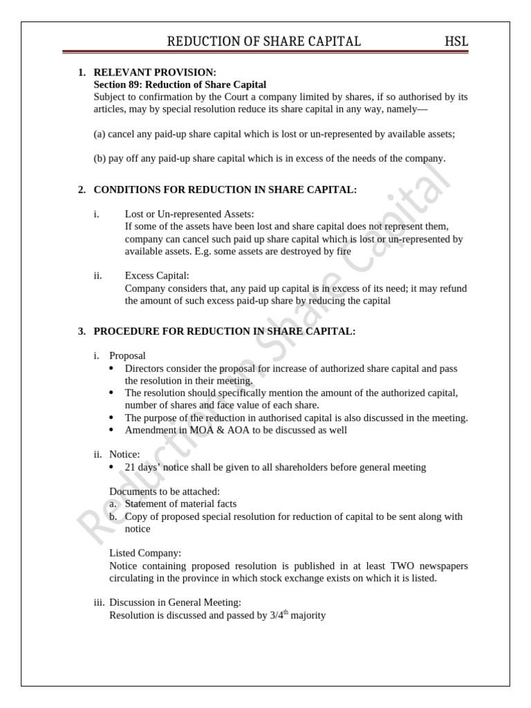 Lecture 10 Reduction of Share Capital | PDF | Capital (Economics) | Stocks