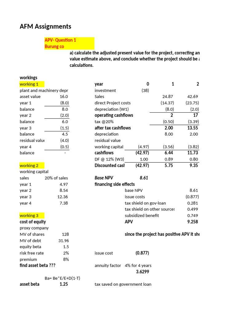 AFM Assignments APV - 4 Questionis | PDF | Net Present Value | Present Value