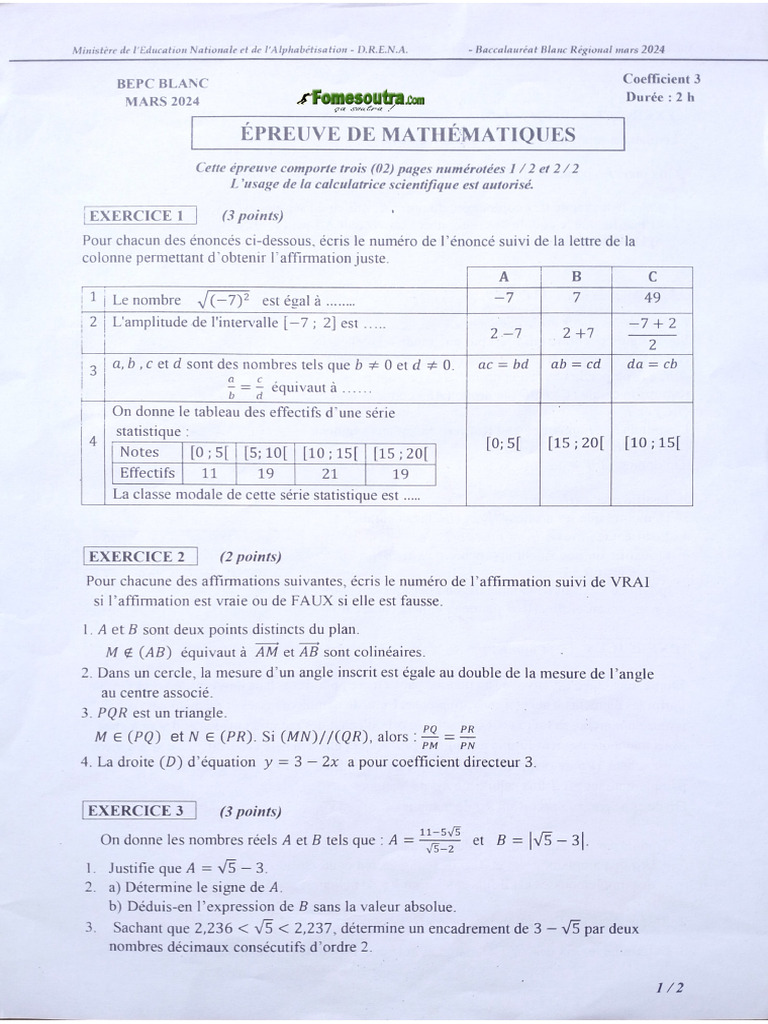 Bepc Blanc 2024 Maths Dren Abidjan 4 Sujet+barème | PDF