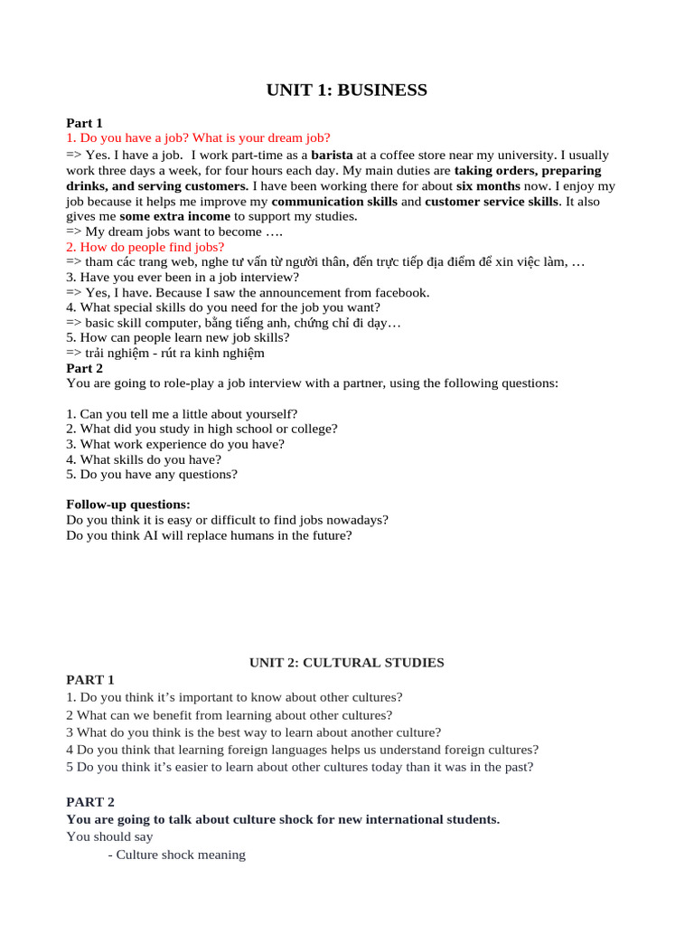 Speaking Test Questions - FL219 - B1 - All Units | PDF | Experience | Fear