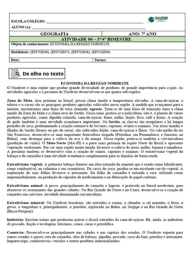 Atividade 06 Economia Da Região Nordeste 2º Semestre 3º - 4º Bimestres ...