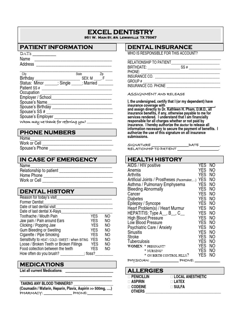 Excel Dentistry Dental History Form Excel Dentistry of Lewisville | PDF ...