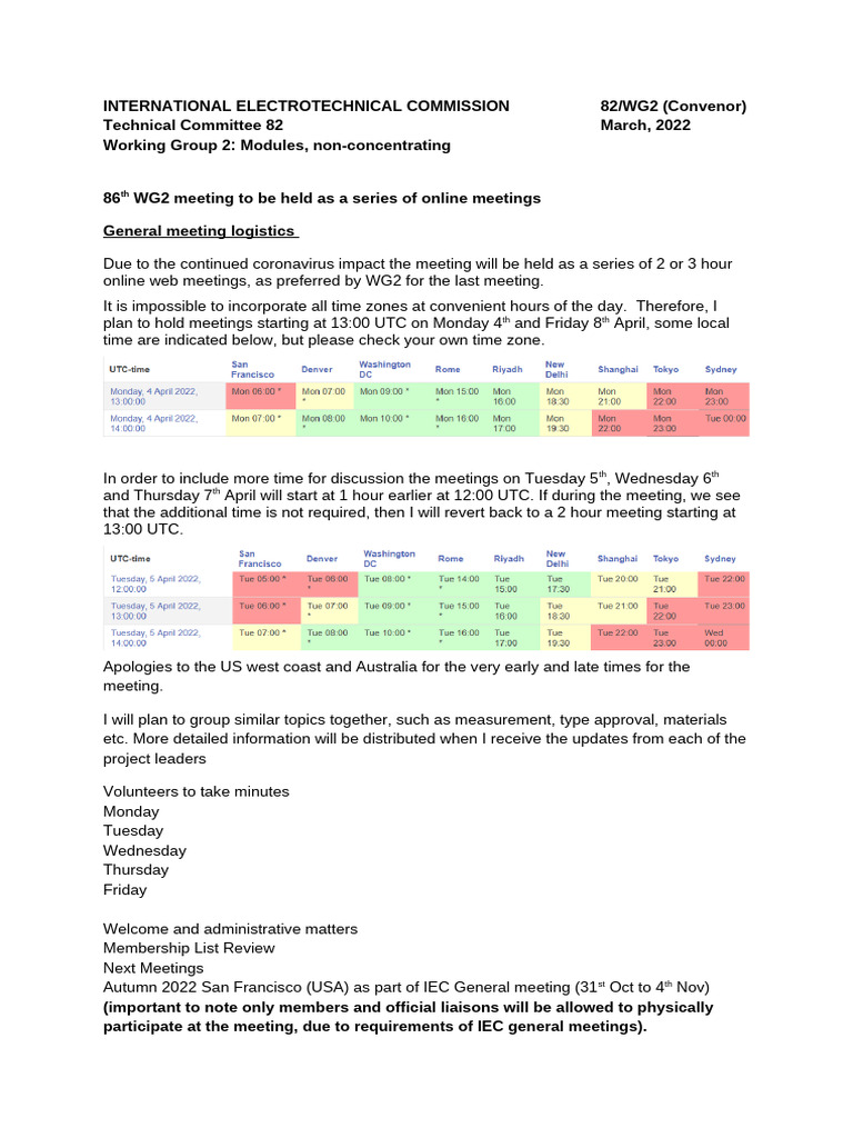 Draft TC82 WG2 Agenda - Spring - 2022 | PDF | Photovoltaics | Thin Film Solar Cell