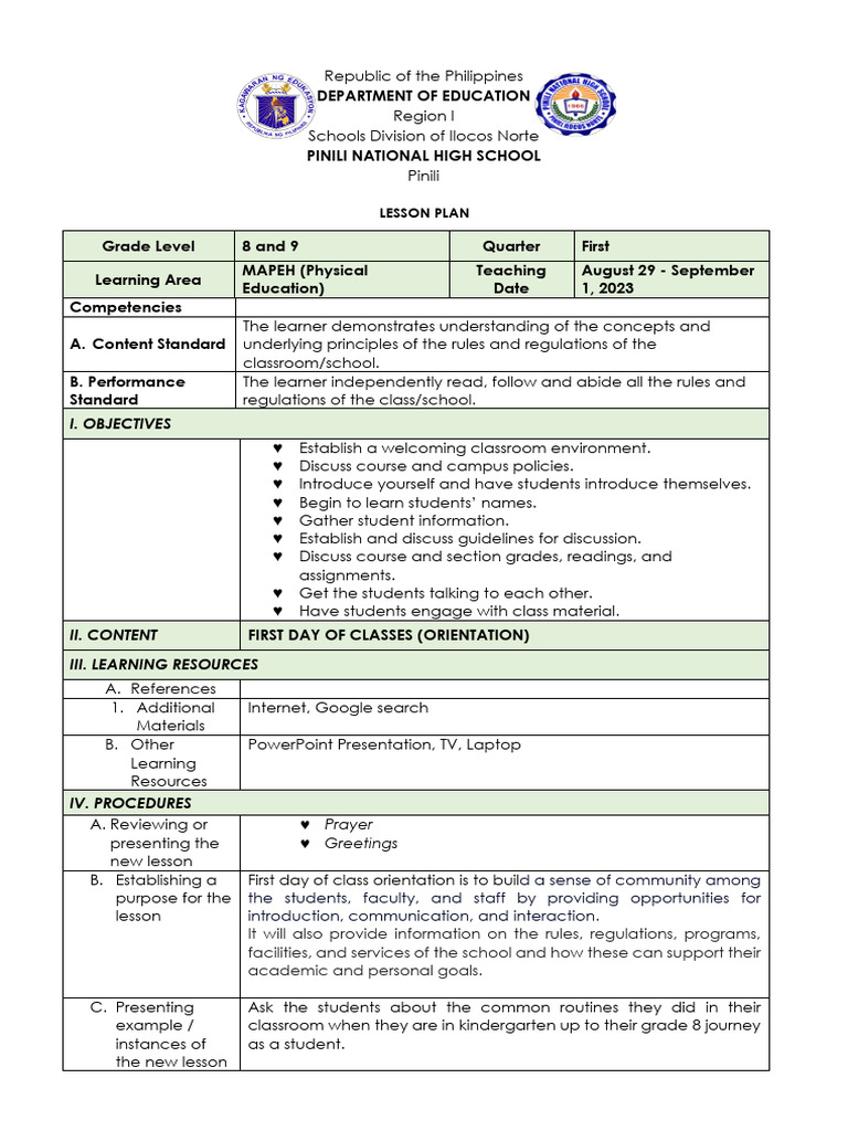 Fd-Orientation-Lesson Plan | PDF | Lesson Plan | Learning