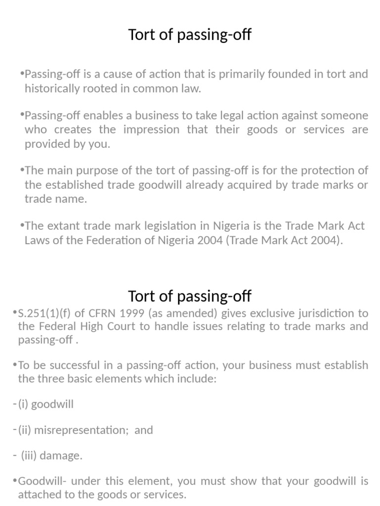 Tort of Passing-Off - PPTX 3 | PDF | Tort | Legal Concepts