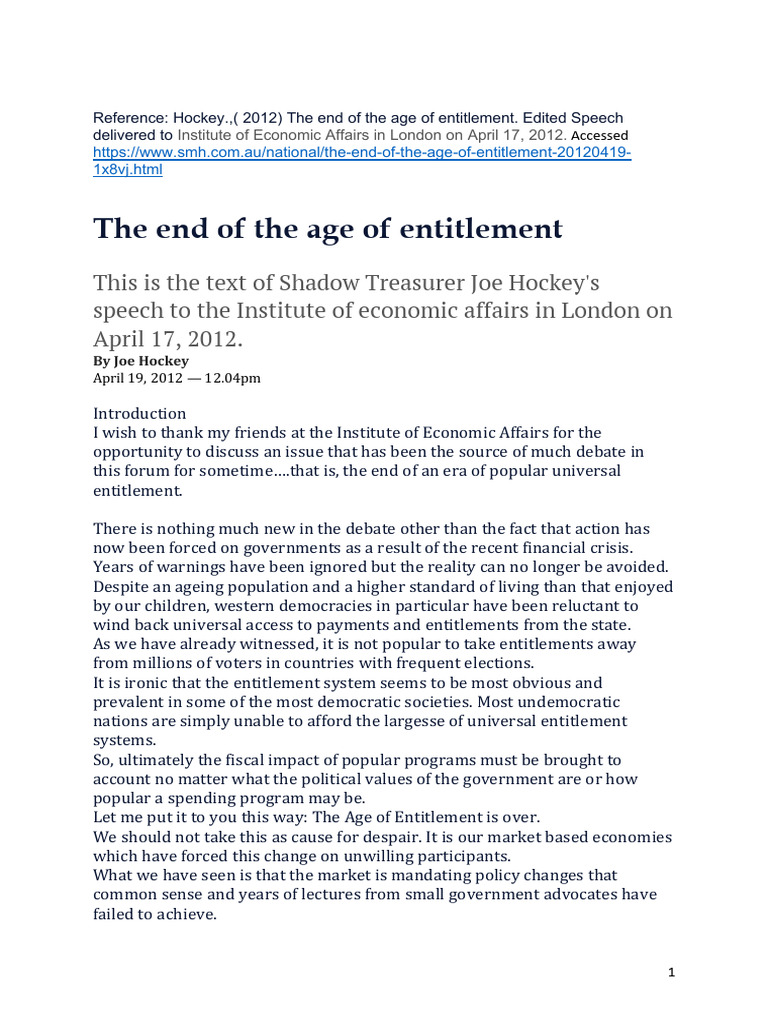 Joe Hockey's 2012 Speech on Entitlement | PDF | Taxes | Welfare