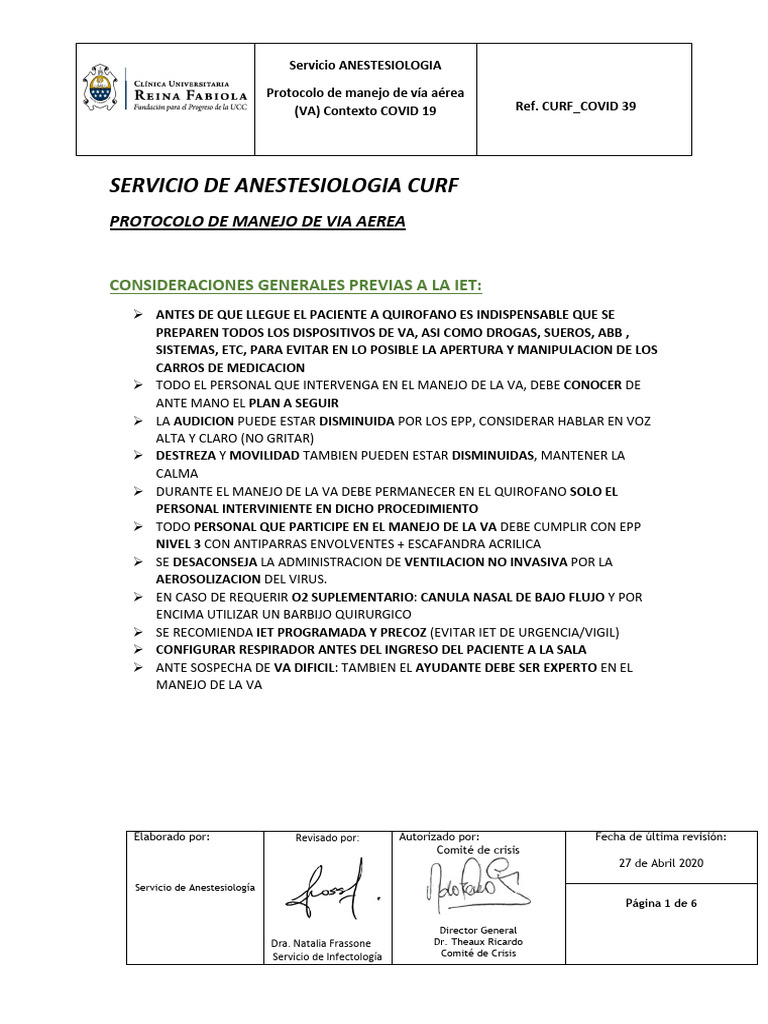Protocolo Manejo de Via Aerea | PDF | Medicina CLINICA | Especialidades ...