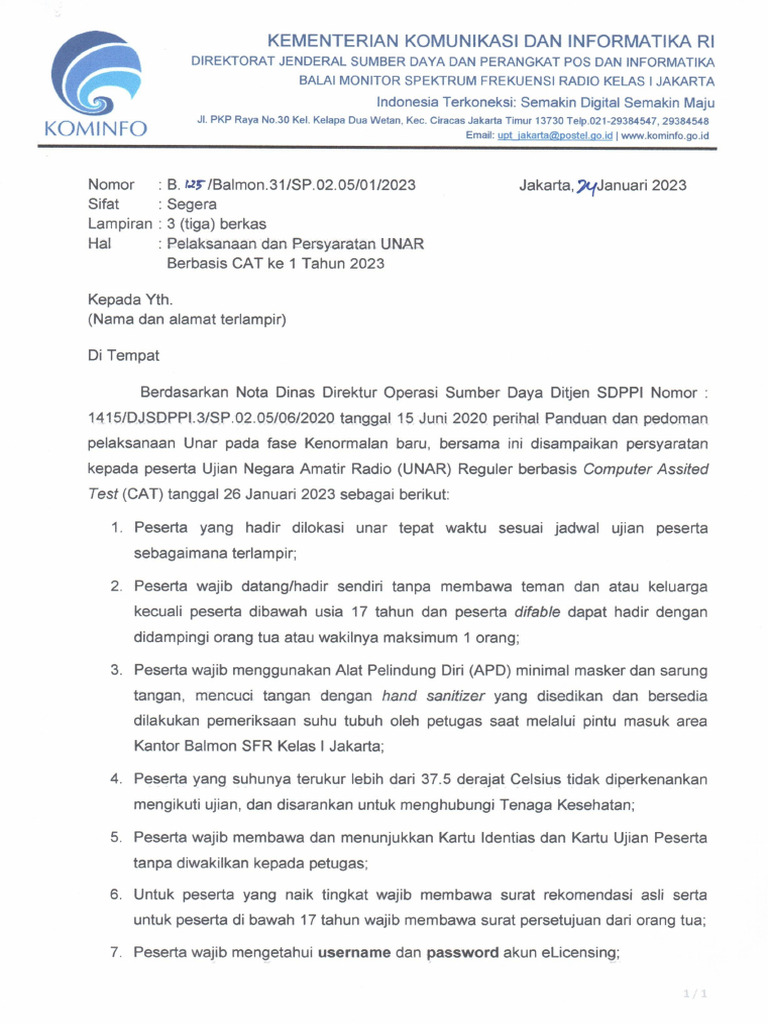 125 - Pelaksanaan Dan Persyaratan UNAR Berbasis CAT Ke 1 Tahun 2023 | PDF