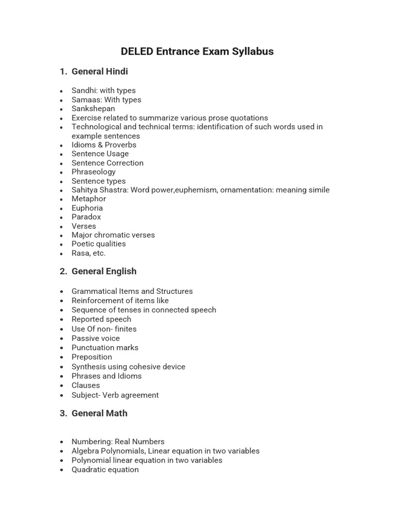 DELED Entrance Exam Syllabus | PDF | Mathematics | Equations