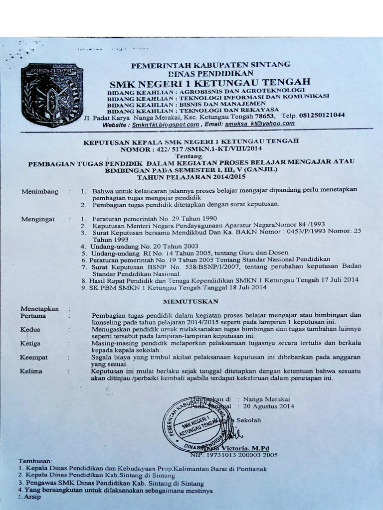 SK Pembagian Tugas Tahun Pelajaran 2014 - 2015 Semester Ganjil | PDF