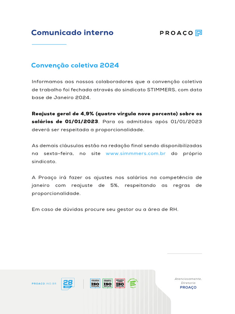 Comunicado Interno PROAÇO - Convenção Coletiva 2024 | PDF