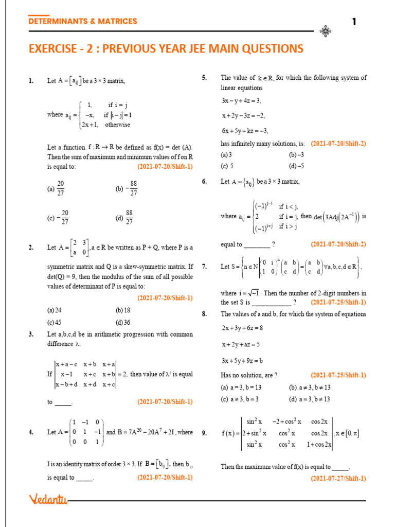 +2 JEE Mathematics M-1 | PDF | Matrix (Mathematics) | System Of Linear Equations