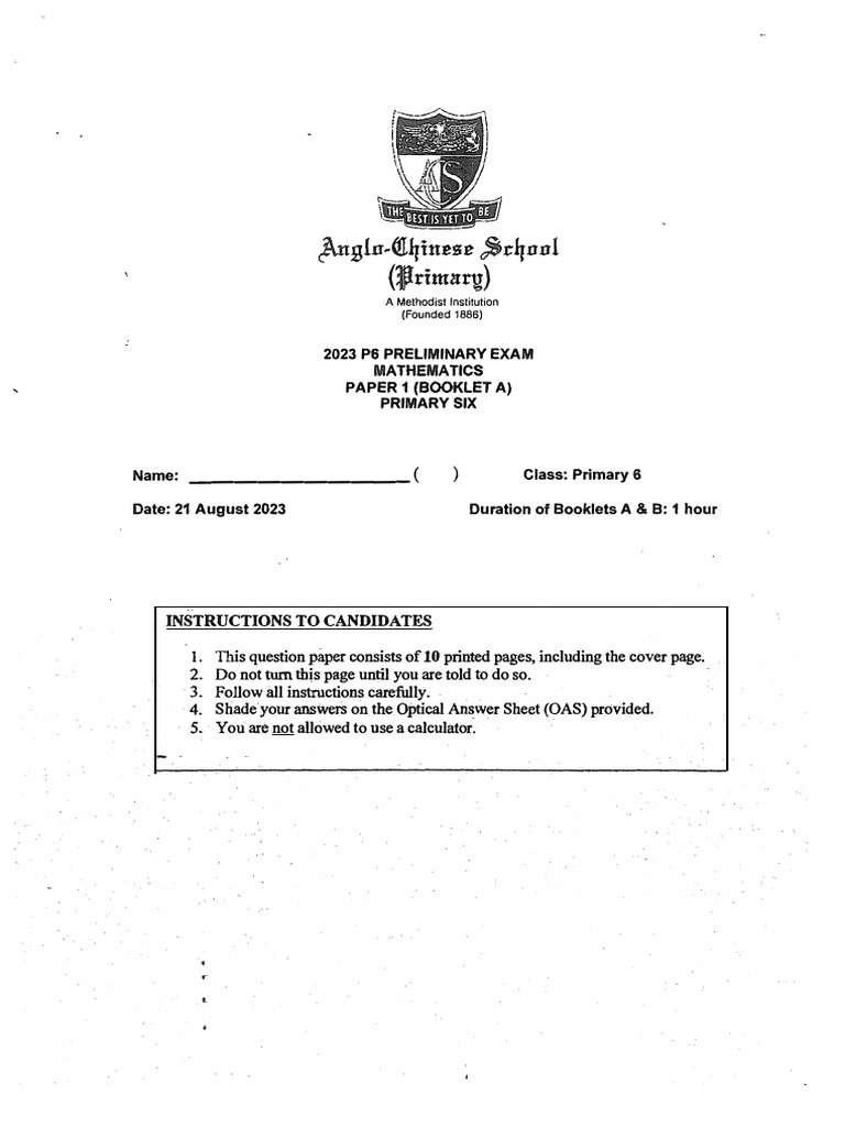 P6 Maths Prelim 2023 ACSP Exam Papers | PDF