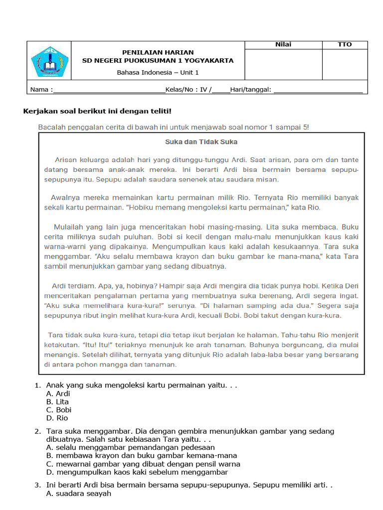 Penilaian Harian - Bahasa Indonesia Unit 1 24 25 | PDF