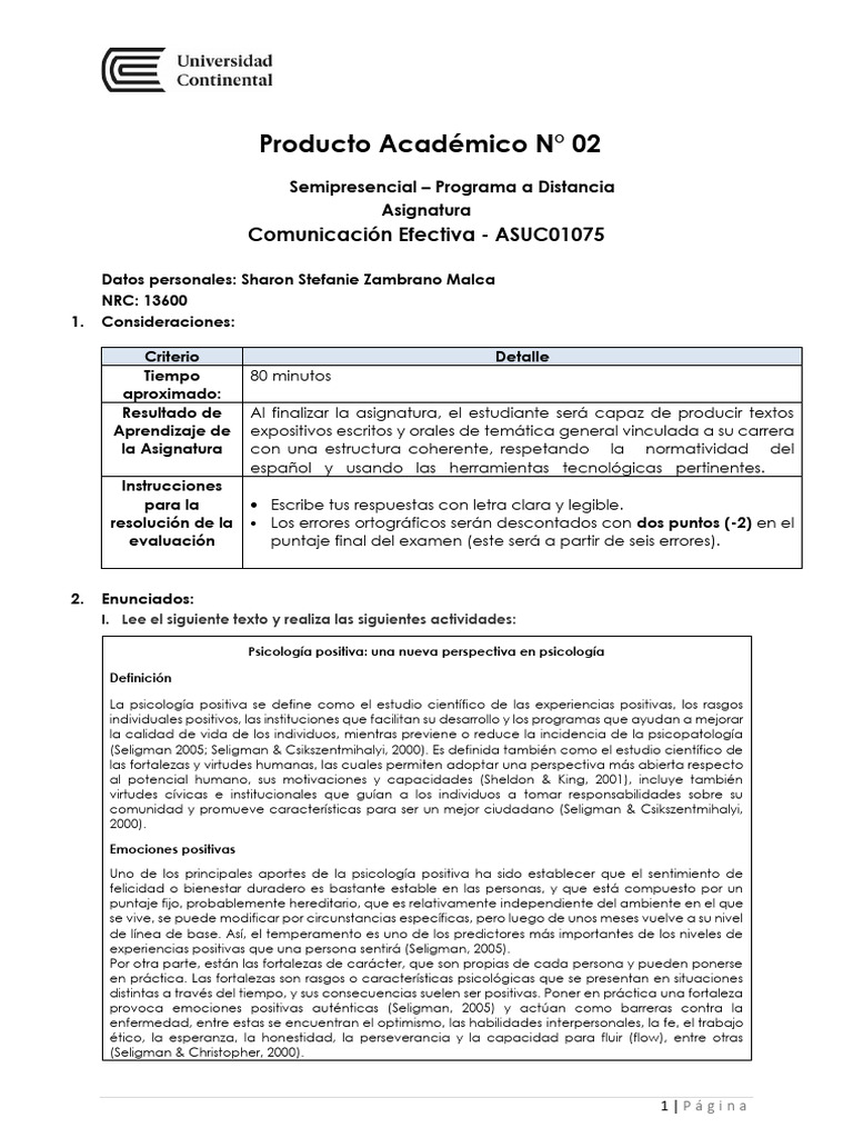 Pa02 - Com Efect - NRC 13600 | PDF | Psicologia POSITIVA | Las emociones