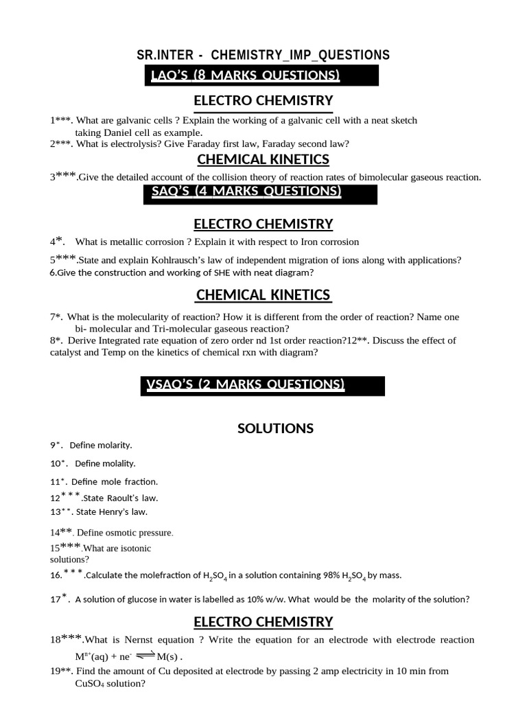 Chemistry II Year Important Questions | PDF